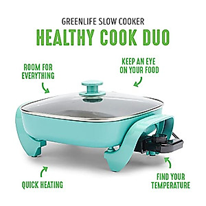 GreenLife Healthy Ceramic Nonstick, 12" 5QT Square Electric Skillet with Glass Lid, Dishwasher Safe, Adjustable Temperature Control, PFAS-Free, 8"D x 12"W x 6"H, 120 Volts, Turquoise