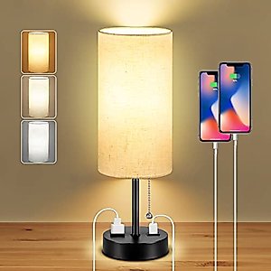 Dott Arts Table Lamp for Bedroom, 3-Color Bedside Lamps with Pull Chain, Bedroom Table Lamps for Nightstand with USB Port & AC Outlet,Small Lamp for Living Room, Bulb Included, Fabric Linen Lamp Shade