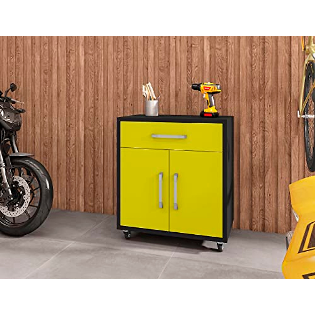 Manhattan Comfort Eiffel 4-Piece Garage Storage Set in Matte Black and Yellow