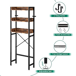 NicQliear Over The Toilet Storage Rack - 3-Tier Bathroom Organizer Shelf Over Toilet - Bathroom Space Saver Above The Toilet with 2 Hooks and 1 Toilet Paper Storage - Rustic Brown