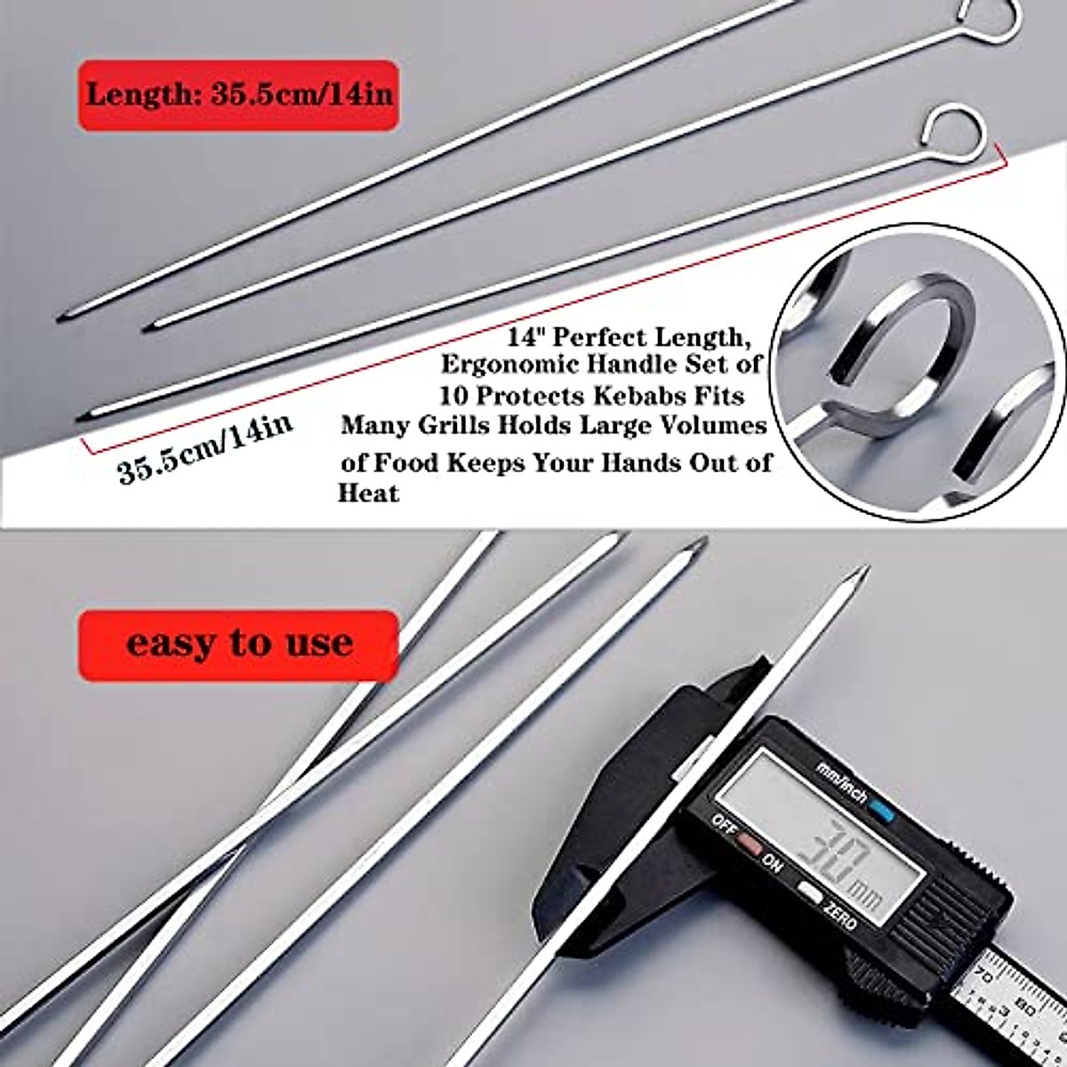 Metal skewers for grilling，skewers for kabobs，stainless steel skewers 14” Flat Shish Kabob Skewers with Ring Handles ，metal skewers ,Reusable BBQ Sticks - 10 Pack with Storage Bag