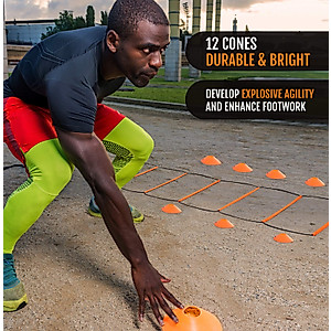 ALPHAWORX All-in-One Agility Ladder Agility Training Equipment Foldable Instant Set-up Tangle-Free Design 8+4 Rung Speed Ladder Workout Ladder with 12 Soccer Cones & 3 Resistance Band & 1 Storage Bag