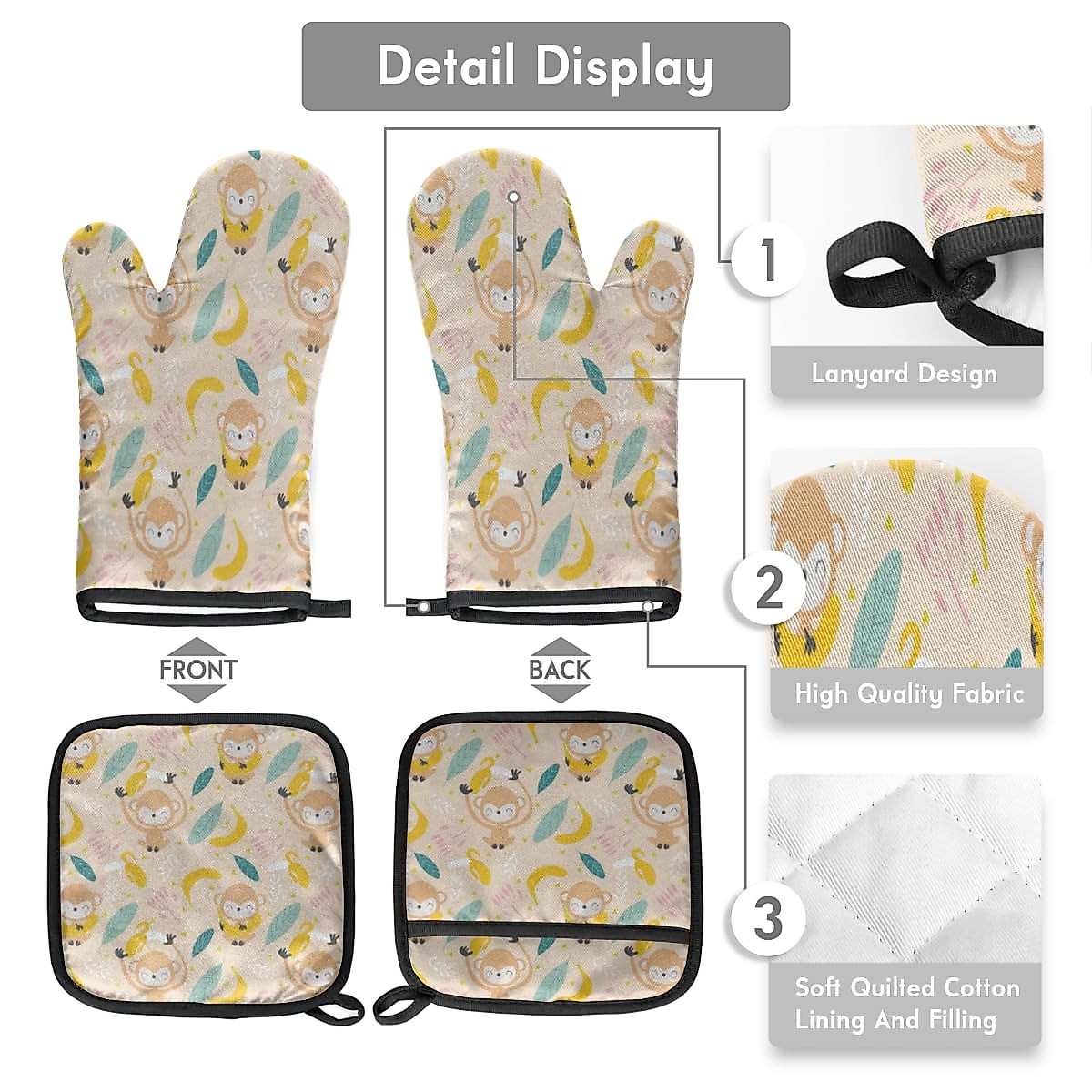 Cute Monkey Banana Oven Mitts and Pot Holders Sets of 2 Heat Resistant Non-Slip Kitchen Gloves Hot Pads with Inner Cotton Layer for Cooking BBQ Baking Grilling