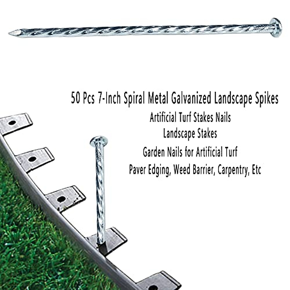 50Pcs Metal Turf Nails Landscape Stakes, Spiral Galvanized Landscape Spikes, Garden Nails, Anchoring Spikes, Outdoor, Heavy-Duty, Rust Resistant Security, 7-Inch Long, Silver (DP-1)