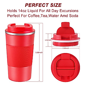Coffee Travel Mug,14OZ Double Walled Insulated Vacuum Coffee Tumbler With Leakproof Flip Insulated Coffee Mug, For Hot And Cold Water Coffee And Tea In Travel Car Office School Camping (Red, 14OZ)