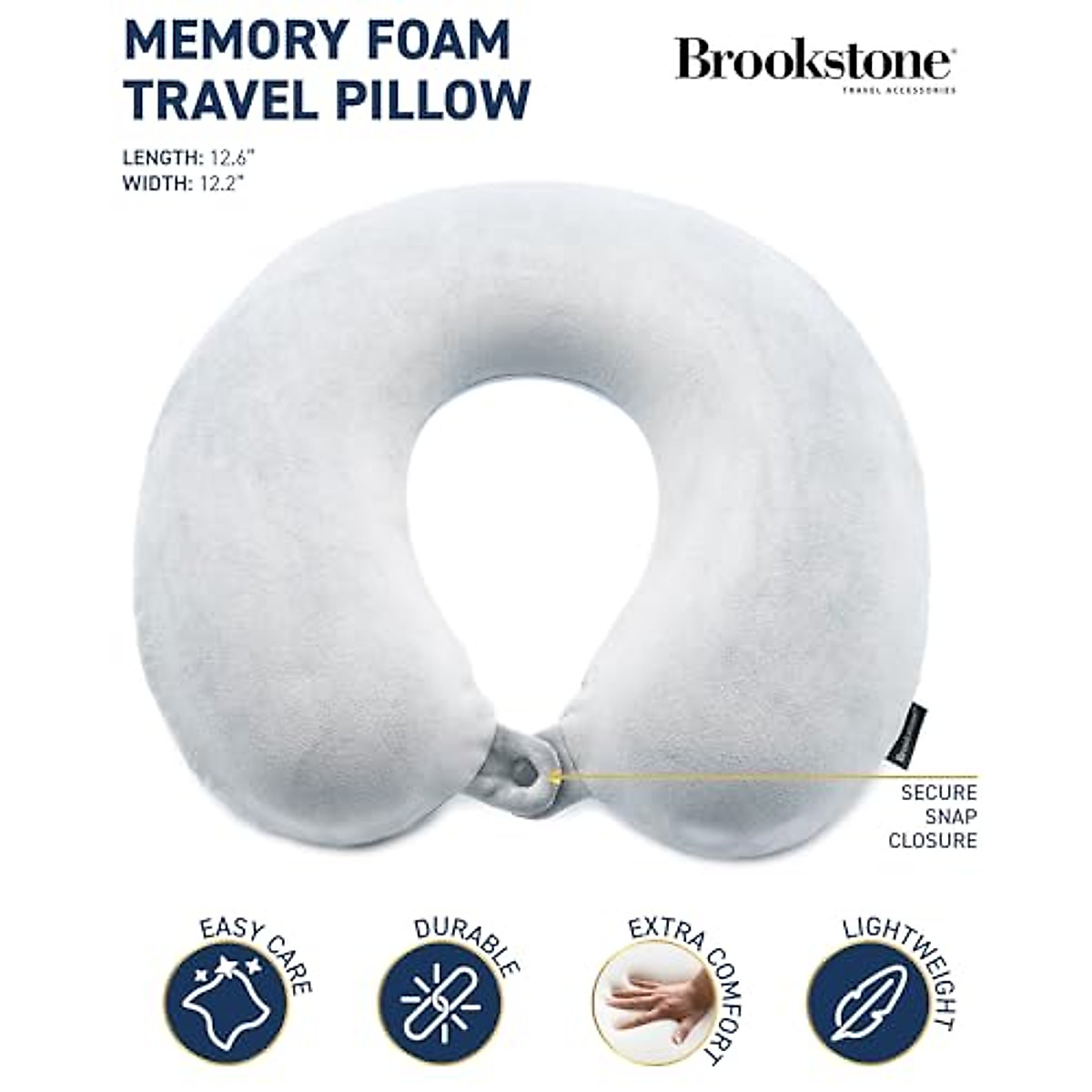 Broosktone Travel Neck Pillow - Lightweight Fleece Casing Extra Comfort Memory Foam - U-Shaped Neck Pillow for Travelling, Grey