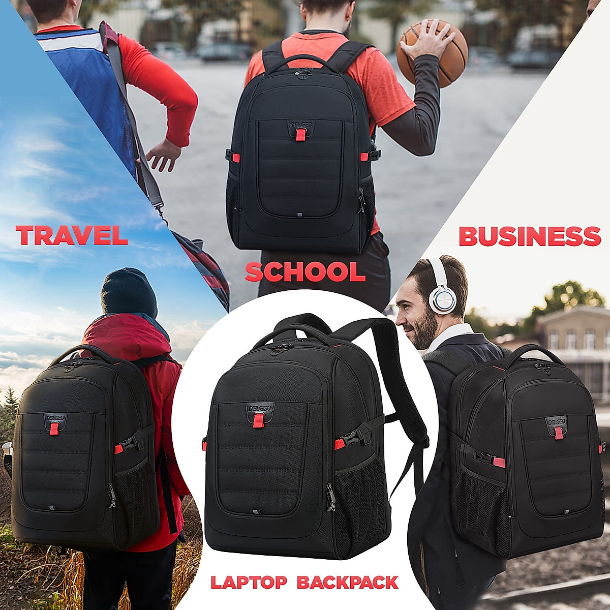 Delgeo 17.3inch Large Travel Backpack For Men and Women ,TSA Business Backpack,1680D Polyester,Black 50L