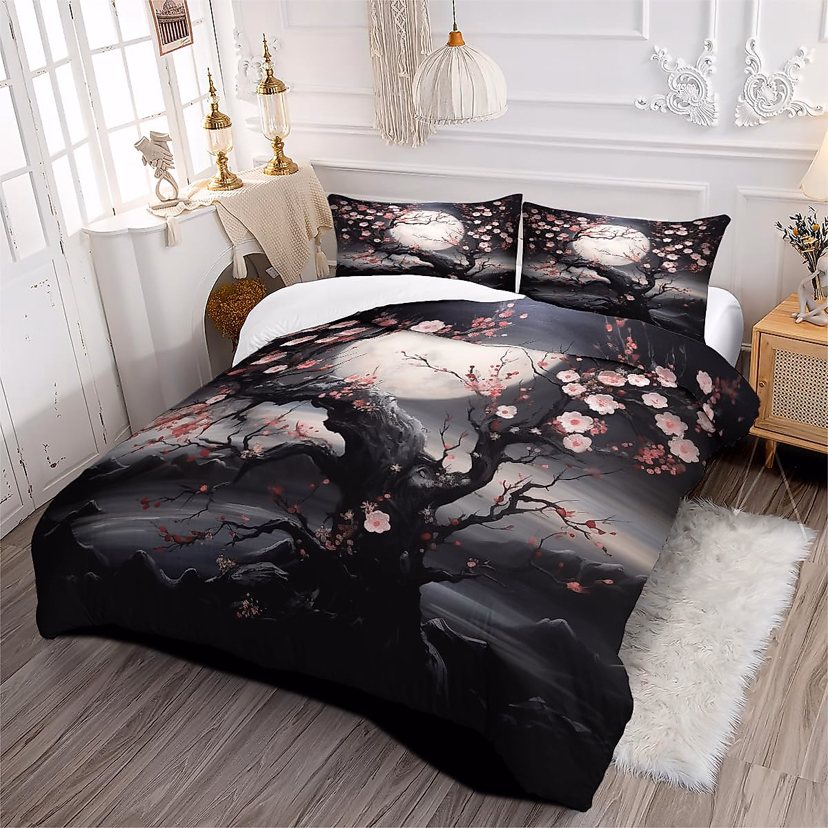 CCoutueChen King Black Pink Cherry Blossom Duvet Cover Japanese Style Cherry Blossoms Duvet Cover Set 3Pcs Vintage Floral Bedding Set with Zipper Closure 4 Ties (2 Pillowcases, No Comforter)
