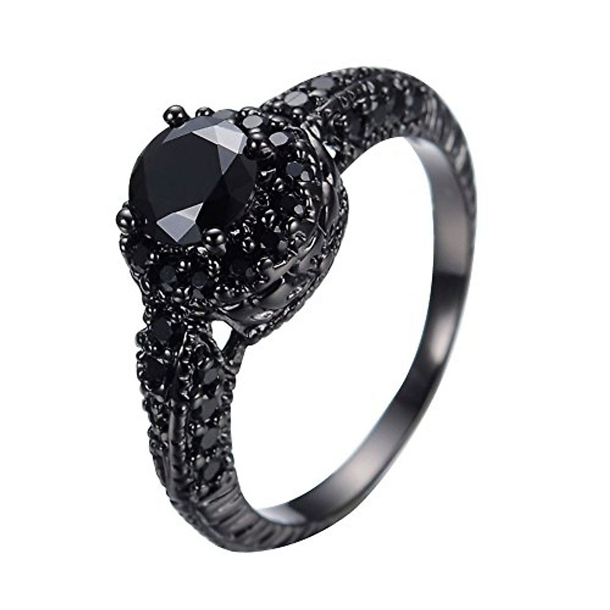 JunXin 10KT Black Gold Ring 8MM Round Cut Diamond Halo Black Stone Rings Onyx Size6/7/8/9/10