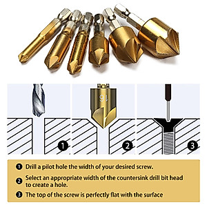 HTWORGRE Countersink Drill Bit, Baban Countersink Drill Bit Set 6 Pcs 1/4'' Hex Shank HSS 5 Flute Countersink 90 Degree Center Punch Tool Sets for Wood Quick Change Bit 6mm-19mm