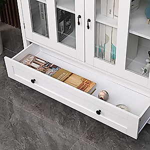 Large Buffet Cabinet for Living Room Kitchen, White Storage Sideboard with Glass Doors and Drawer, Credenza Console Table for Dining Room Entryway, Wooden Serve Cupboard Pantry Cabinet with Shelves