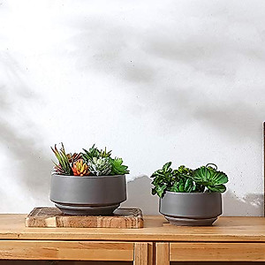 Yishang Ceramic Planter Pot with Drainage Hole and Saucer/Tray, Indoor Cylinder Round Planter Pot,Set of 2 Glazed Ceramic Modern Planters Indoor Bonsai Container for House Plants(Matte Grey, Medium)