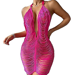 Women Sexy Halter Dress Deep V-Neck Backless Bodycon Dress Summer Fringe Tassel Club Party Mini Strap Dress