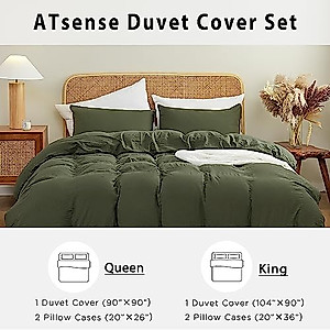ATsense Duvet Cover King Size, 100% Washed Microfiber Like Washed Cotton Super Soft and Breathable, 3 Piece Olive Green Comforter Cover Bedding Set, Simple Style Farmhouse Quilt Cover