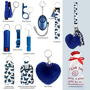 Zesirmay Keychain Set for Women with Alarm, Pom Pom, Whistle, Gifts for Girls, Friends, Women, Mom and Daughter (Cool-Blue)