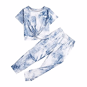 Arshiner Tie Dye Jogger Sets for Girls Casual Twist Front Tops & Pants Set Dusty Blue 8-9 Years Old