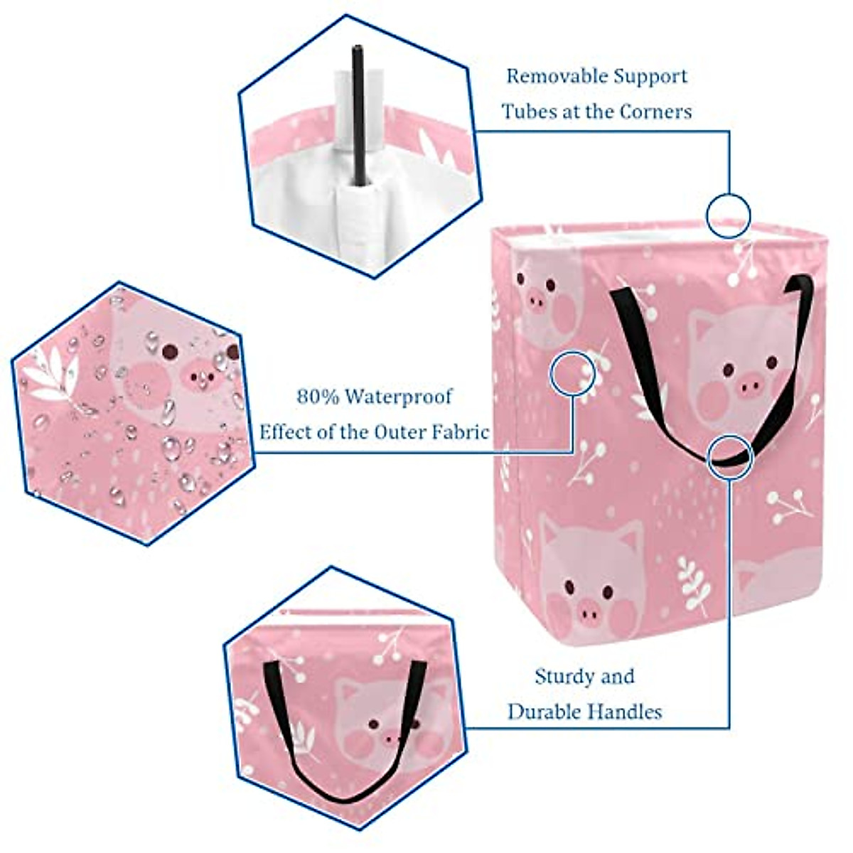 Cute Pig Print Collapsible Laundry Hamper, 60L Waterproof Laundry Baskets Washing Bin Clothes Toys Storage for Dorm Bathroom Bedroom