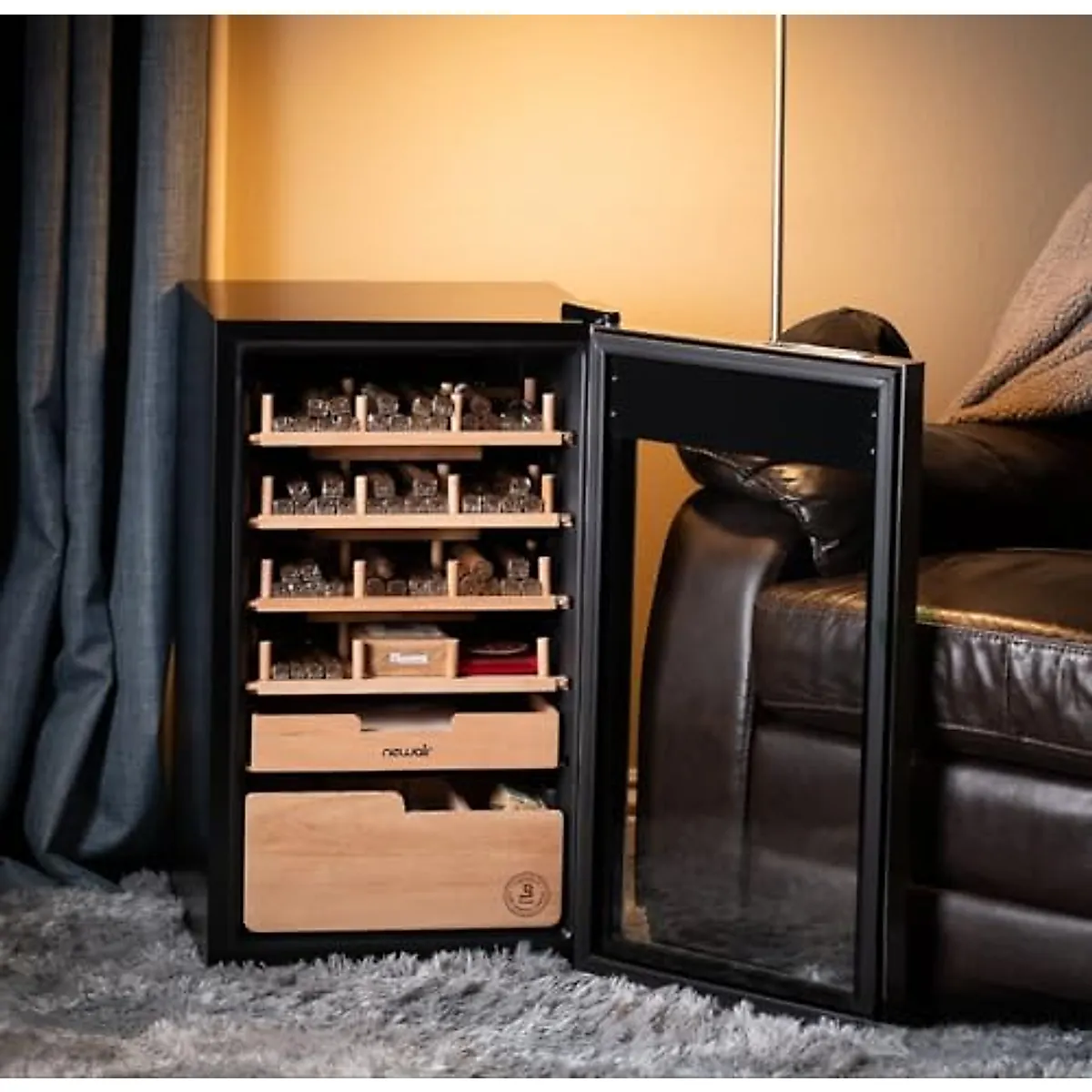 NewAir x Boveda 500 Count Electric Humidor, Spanish Cedar Shelves with Temperature Control, Cigar Humidor Box with Built-In Boveda Humidity Control in Stainless Steel