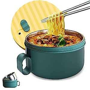 Microwave Ramen Cooker Ramen Bowl Set Microwave Ramen Bowl with Lid and Handle Ramen Noodle Bowl with Chopsticks Stainless Steel Liner Dishwasher Safe for College Dorm Office Home(Yellow&Green)
