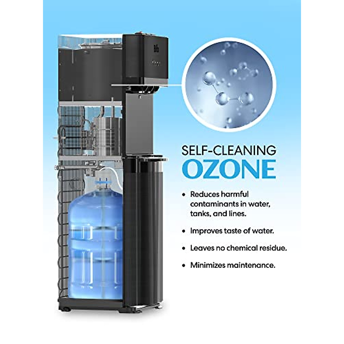 Brio CLBL520SCBLK Self-Cleaning Bottom Load Water Cooler Dispenser for 3 & 5 Gallon Bottles – Hot, Room & Cold Spouts, Child-Safety Lock, LED Display & Night Light, Black Stainless Steel