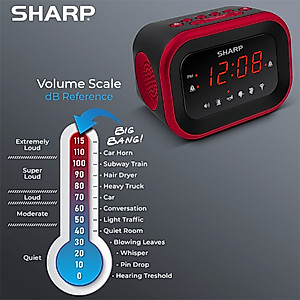 Sharp Big Bang Super Loud Alarm Clock for Heavy Sleepers, 6 Extremely Loud Wake Up Sounds: Rooster, Bugle, Nagging Mom, Jackhammer, Siren, Beep – Up to 115db Volume, Red/Black with Red LED Display