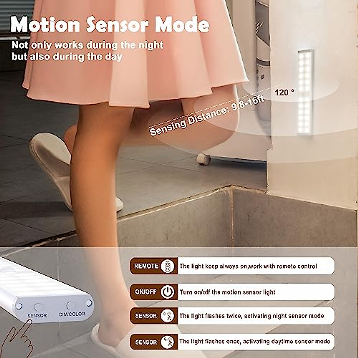 SZOKLED 58-LED Under Cabinet Lights, RGB Motion Sensor Indoor Night Lights with Wireless Remote, Rechargeable Under Cabinet Lighting, Counter Lights for Kitchen, Closet, Stair, 15 Color (4 Packs)