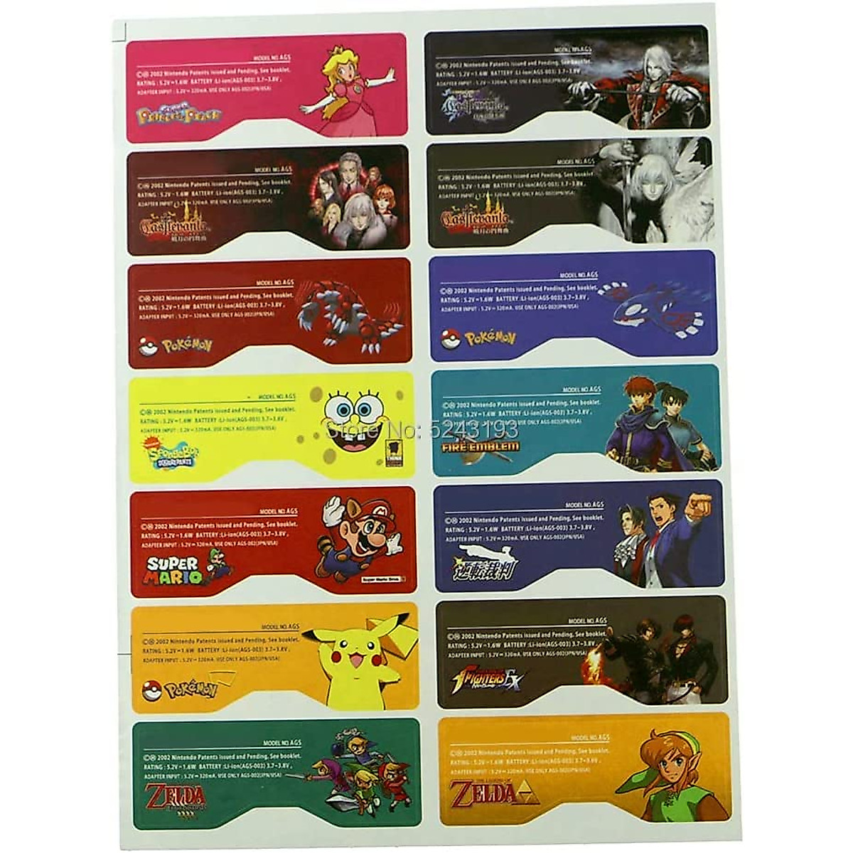 14 PCS Colourful Custom Design Back Tag Label Stickers for Gameboy Advance SP GBA SP Console