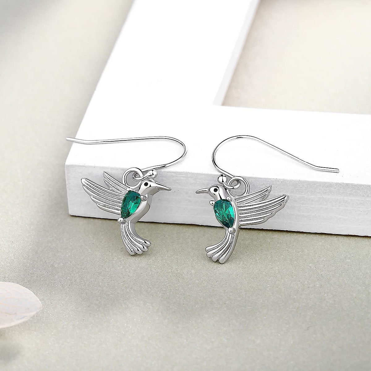 WOUOVO S925 Hummingbird Drop-Dangle Earrings - Waterdrop Flower Bird Eearring with Green Spinel Crystal Stone Mothers day Gifts for Mom and daughter (Green CZ hummingbird)