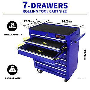 Tool Cart on Wheels 24.2in，7 Drawers Rolling Tool Box，Locked Drawers Storage Organizer Cabinet for Garage, Warehouse, Repair Shop, Workshop
