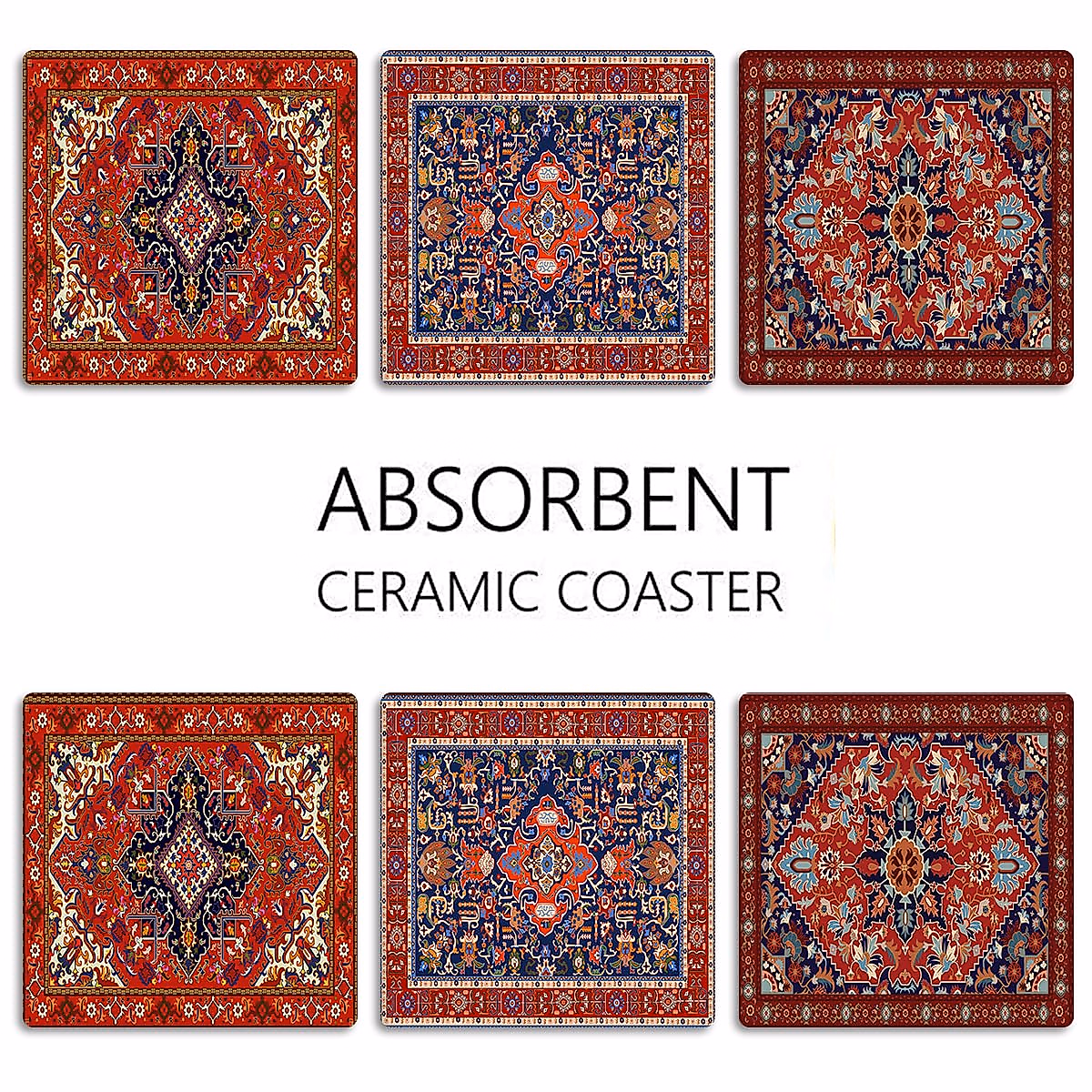 Bribay Coasters for Drinks Set of 6, Tribal Turkish Geometric Pattern Absorbent Square Ceramic Stone Mat, with Cork Base and Metal Holder, Gift for Housewarming Room Bar Decor