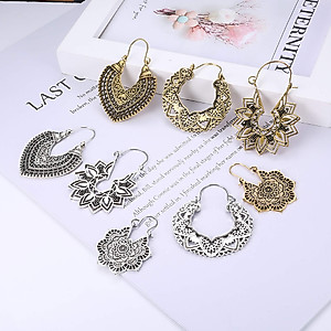 FIBO STEEL 8 Pairs Vintage Mandala Flower Gypsy Drop Dangle Earrings for Women Boho Retro Tribal Hollow Earrings Set