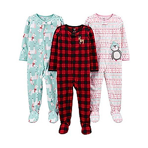 Simple Joys by Carter's Baby Girls' Loose-Fit Flame Resistant Fleece Footed Pajamas, Pack of 3, Buffalo Check/Penguin/Unicorn, 18 Months