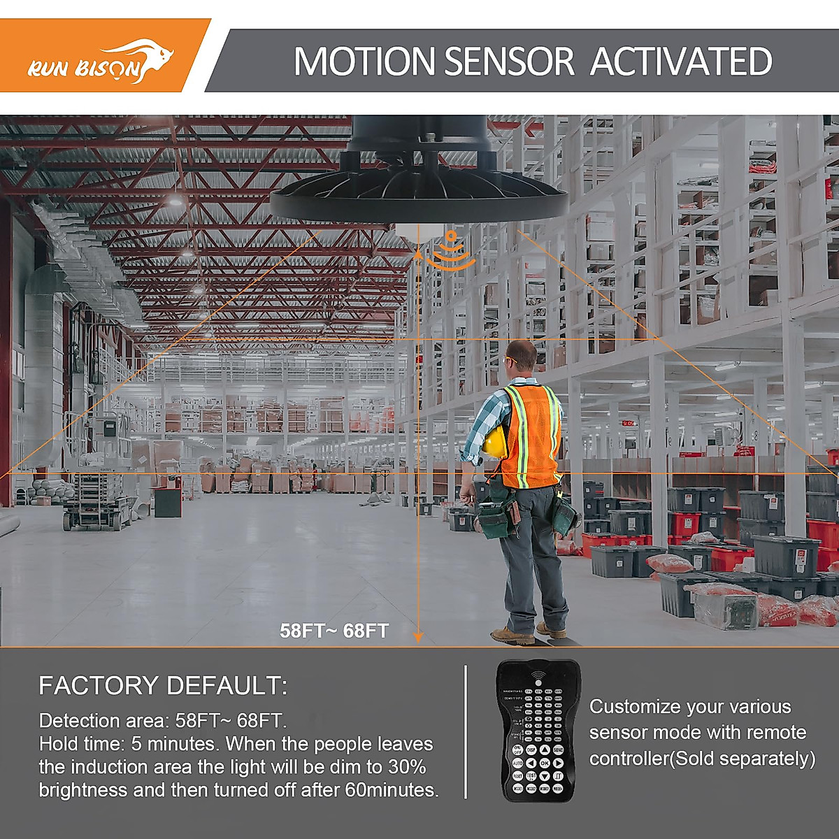 Run Bison LED High Bay Light with Motion Sensor, Adjustable Power 150w/200w/240w, 22500lm/30000lm/36000lm. 3CCT 3000K/4000K/5000K,0-10V Dimmable UFO High Bay Light with Preinstalled Hook - 8PK