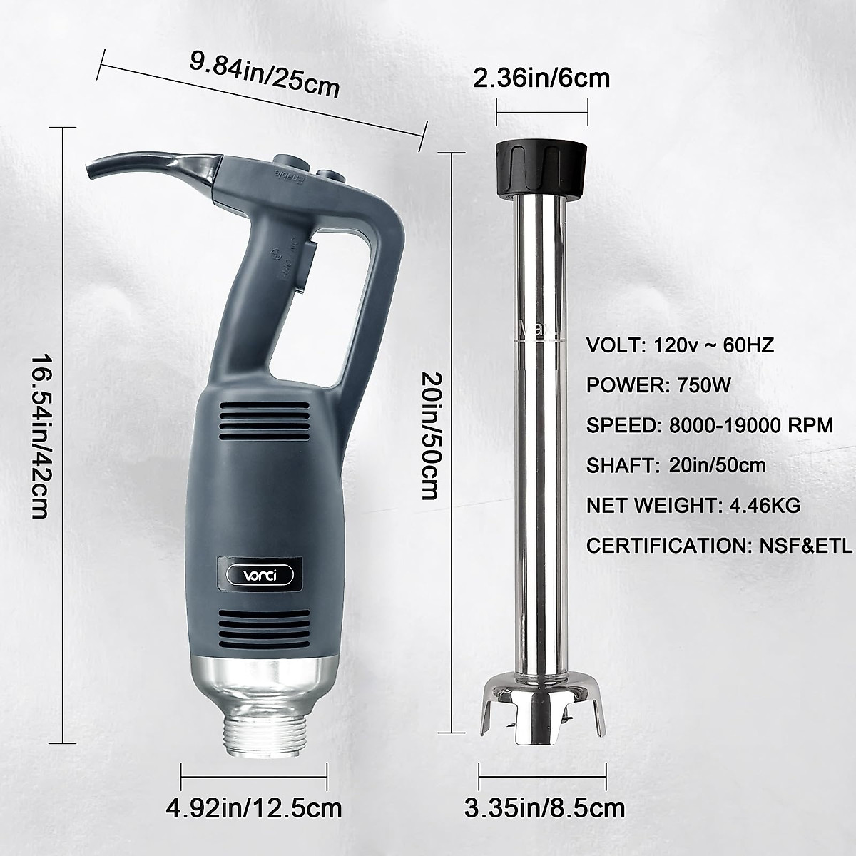 VONCI 750W Commercial Immersion Blender, Extra Heavy Duty Hand Blender with Variable Speed 8000-19000RPM, Handheld Stick Mixer with 20" SUS 304 Shaft, Commercial Emulsifier for Restaurant Kitchen.