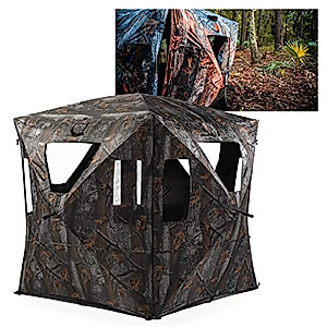 Black Hoof Outdoors Deluxe Hunting Blind, Ground Blind for Deer & Turkey, Pop Up Hub Design Tent with Stakes for 2-3 Person, Camouflage Screen and Adjustable Windows for Gun, Bow, & Photography