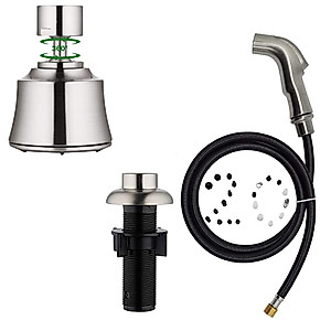 Brushed Nickel Kitchen Sink Side Sprayer Replacement + Brushed Nickel Kitchen Sink Faucet Head with 2 Ball Joint, 4 Spray Models