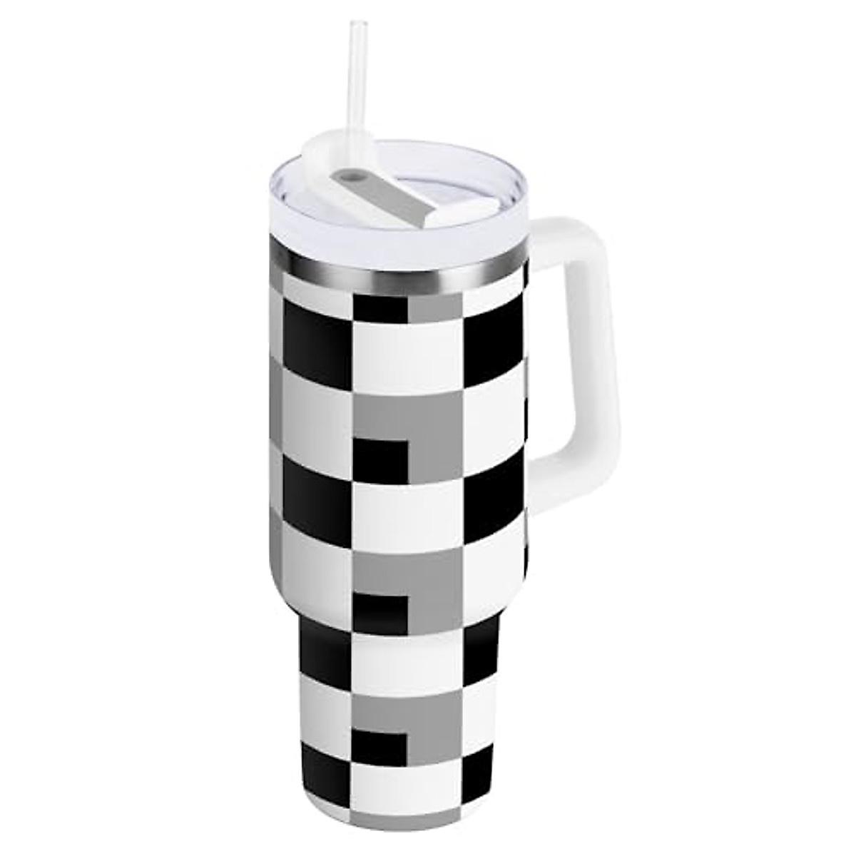 RPLIFE Black and White Checkerboard 40 Oz Tumbler with Handle, Stainless Water Bottle, Insulated Tumbler with Straw