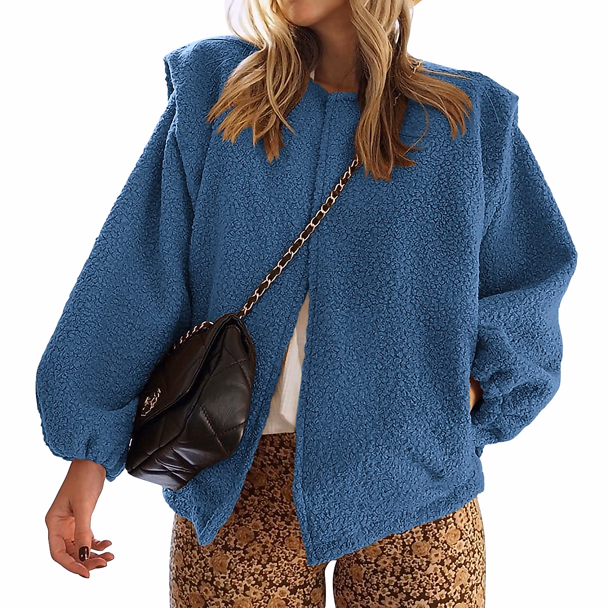 KIRUNDO Women's 2024 Fall Winter Sherpa Fleece Jacket Faux Wool Embedded Lantern Sleeve Casual Loose Outwear With Pockets(Blue, Small)