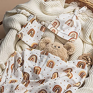 Baby Swaddle Blankets Set with Matching Hat and Drool Cloth Organic Cotton Muslin Blanket Soft Newborn Wrap Receive Blanket Photography Prop Large 47 * 47 Shower Gifts for Boys Girls(Rainbow)