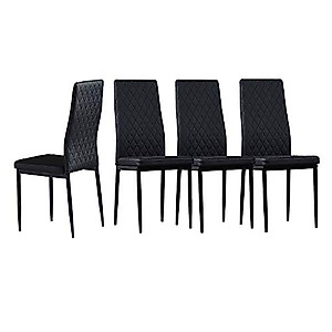 IANIYA Set of 4 Leather Dining Chairs Set, with Upholstered Cushion & High Back, Powder Coated Metal Legs, Rhombus Pattern Seats, Household Home Kitchen Living Room Bedroom (Black)