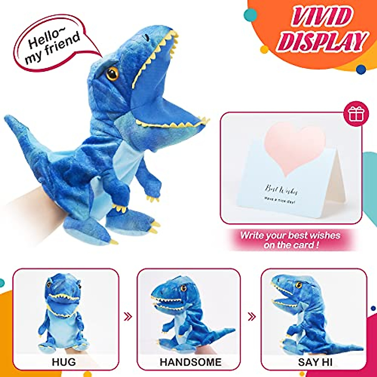 SpecialYou Plush Dinosaur Hand Puppets with Working Mouth for Imaginative Play T-rex Stuffed Toy for Toddler Kids on Christmas Halloween Birthday, 10’’