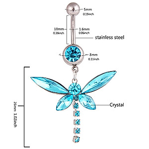 Butterfly Dangle Belly Button Rings For Women Blue Crystal Stainless Steel Animal Cute Sexy Butterfly Belly Button Rings Set Jewelry For Women (Blue)