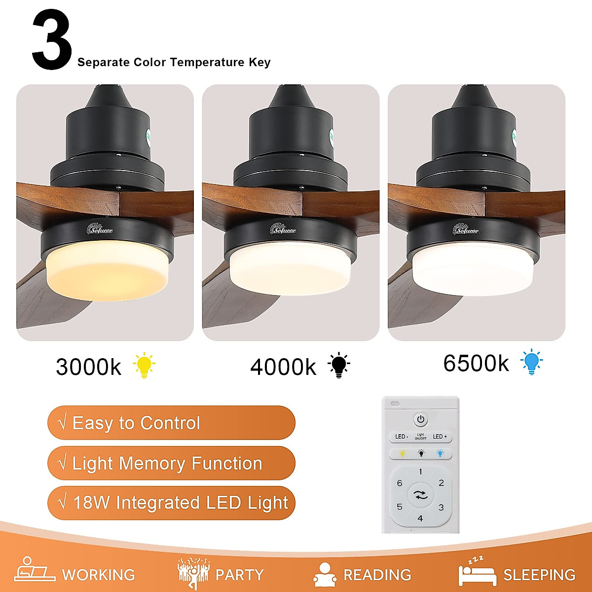 Sofucor 52" Ceiling Fan with Lights Remote Control, 3 Poles for Indoor Outdoor Ceiling Fan with Remote, Reversible Noiseless ETL Motor, 3 Walnut Wooden Blades