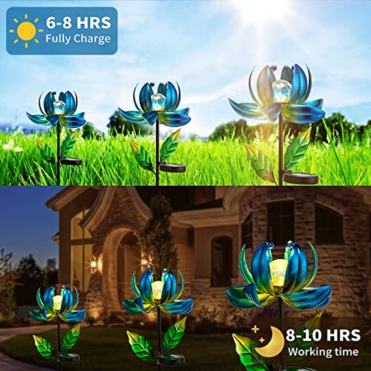 Solar Yard Lights Wind Spinners- Metal Lotus Flower Garden Decor LED Crackle Glass Globe Yard Art Sculpture Solar Stake Lights for Patio Pathway Lawn Walkway