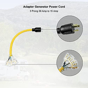 OCHIKI Generator Cord 30 Amp to 110 Adapter, 3 Prong 30 Amp to 15 Amp RV Adapter, Nema L5-30P Male to 3X 5-20R Female with Lighted End, 1.5 FT