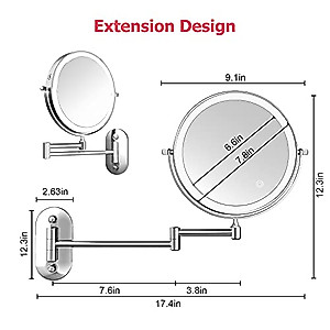 Rechargeable Lighted Wall Makeup Mirror, 2-Sided 1X 7X Magnifying, 8 Inch Lighted Wall Mount Mirror with Medical-Grade 3 Color Lights, Touch Screen Dimming, Extended Arm 360 Rotation (Chrome)