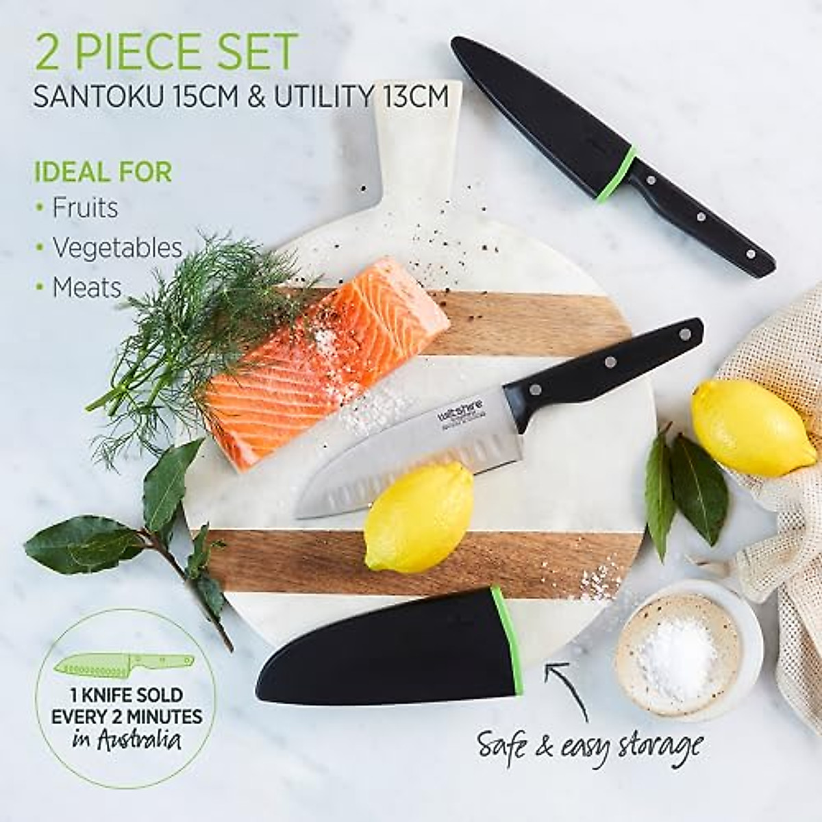 Wiltshire Staysharp Triple Rivet Duo Set Santoku & Utility Knife 2pc, Knives Built-In Sharpener,Sharp At All Times, Lifetime Performance, Slim Scabbard, Ergonomic Triple Rivet Handle, 10Year Guarantee