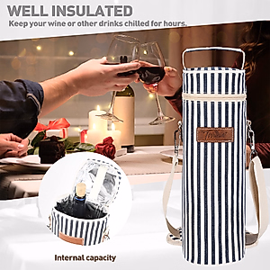 Tirrinia Single Wine Cooler Bags - Insulated & Padded Portable Wine Gift Tote Carrier for Travel, BYOB Restaurant, Wine Tasting, Party, Great Gift for Wine Lover, Blue Stripe