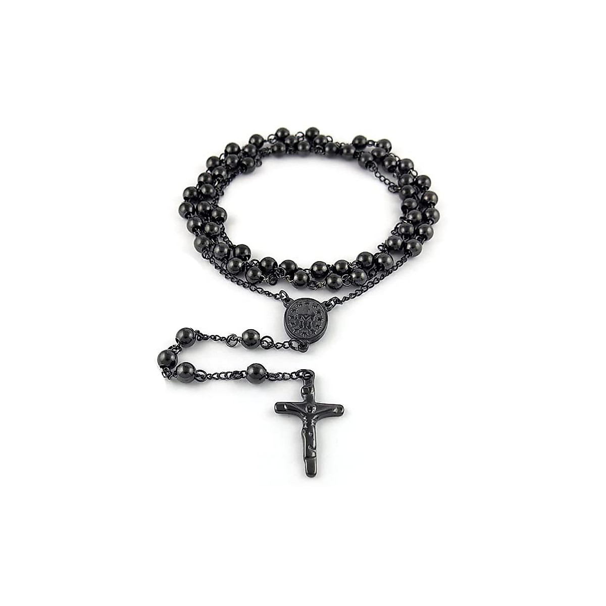 Stainless Steel Beaded Rosary Cross Necklace –6MM Crucifix Cross Medallion Rosary Chain Y-Necklace for Women & Men Religious Jewelry Comes in Silver, Gold, Rose, Black Color with a Gift Box (BB)