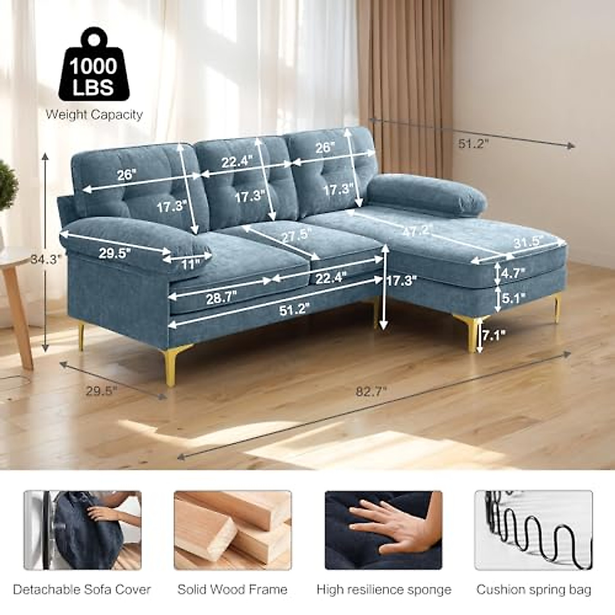 EASELAND 82" L-Shape Sofa with Reversible Chaise Lounge, Convertible Sectional Sofa Couch, Chenille Modern Sofa Couch for Living Room, Apartment and Office, Removable Cover (Light Blue)